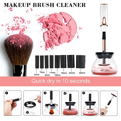 Electric Makeup Brush Cleaner and Dryer, Automatic Brush Cleaner with 8 Size Rubber Collars, Cleaning Brushes In Seconds, Skin Health Protector, Girlfriend Gift (White)