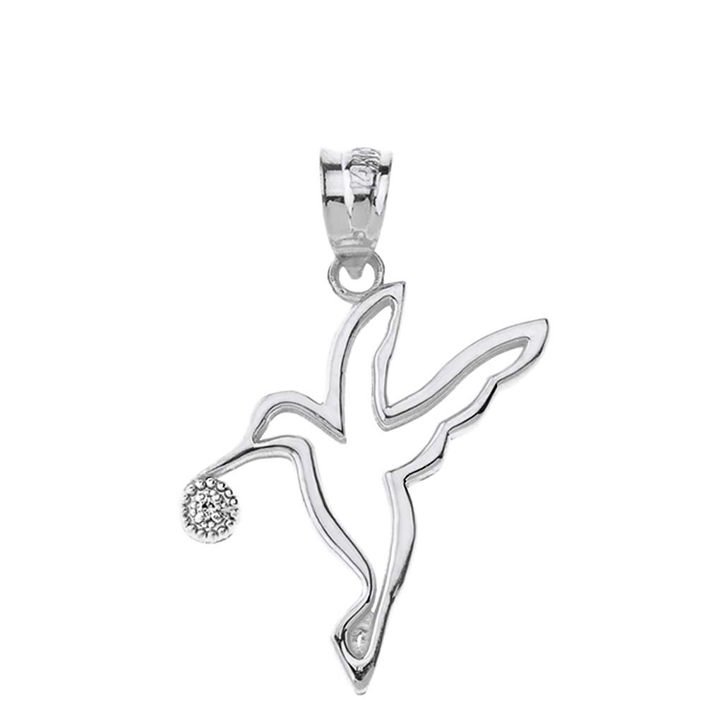 Fine 14k White Gold Solitaire Diamond Outline Flying Hummingbird Nature Charm Pendant