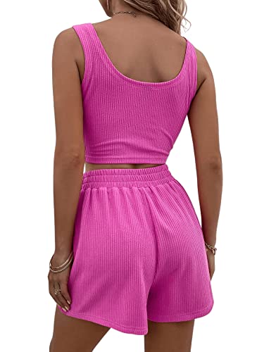 Verdusa Women's 2 Piece Ribbed Crop Tank Top and Shorts Tracksuit Set Hot Pink L