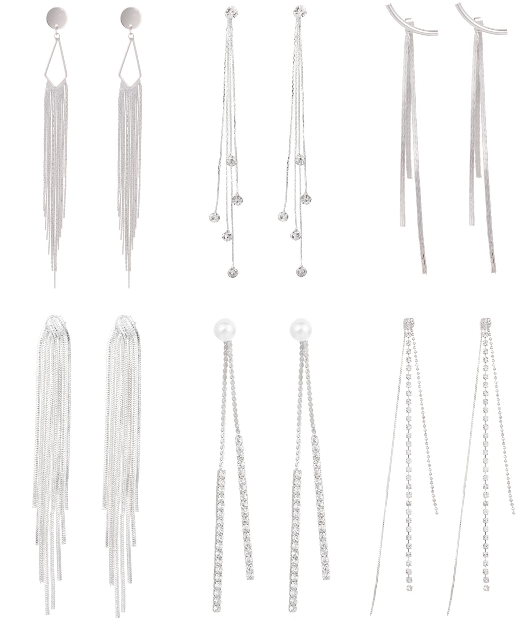 FINZOR 6 Pairs Long Tassel Dangle Drop Earrings for Women Punk Sleek Metal Chain Earrings Wedding Bridesmaid Jewelry(Silver)