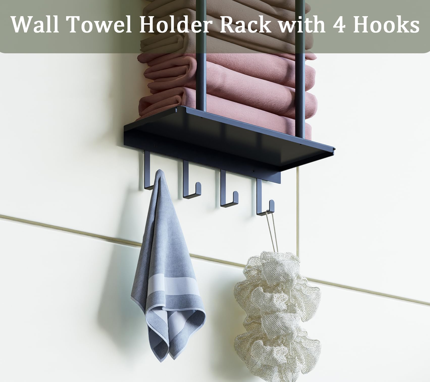 Menoeceus Towel Racks for Bathroom, Towel Rack Wall Mounted with Shelf, 3 Tier Wall Towel Holder Rack with 4 Hooks, 30 inch Bath Towel Storage Shelf for Towels Organizer, Matte Black