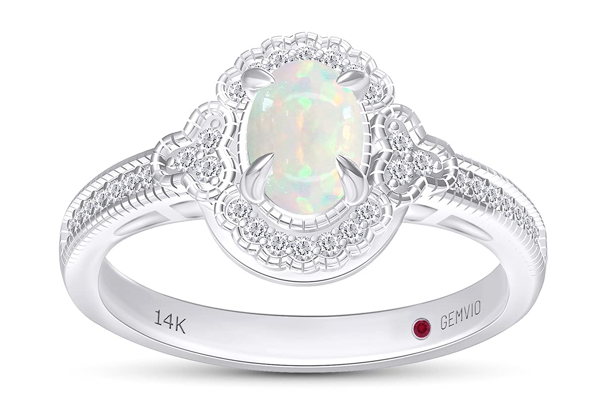 Gemvio Collection 3/4 CT 7X5MM Oval Cut Natural White Opal Gemstone With Diamond Frame Vintage-Style Ring In 14K Solid White Gold Engagement Wedding Ring (0.75Cttw)-8