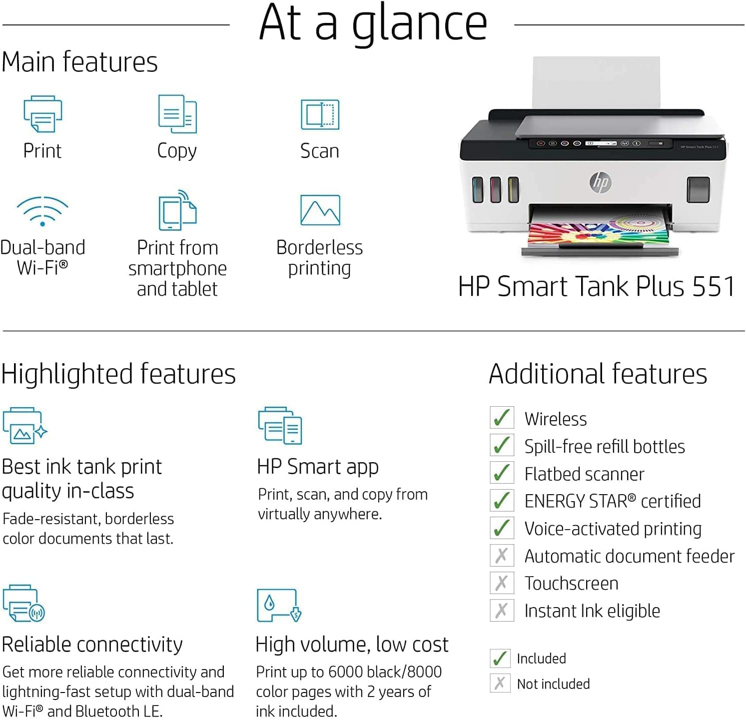 HP Smart Tank Plus 551 All-in-One Wireless Color Inkjet Printer - Print Scan Copy - 11 ppm, 4800 x 1200 dpi, Manual Duplex Printing, Bluetooth, Hi-Speed USB 2.0