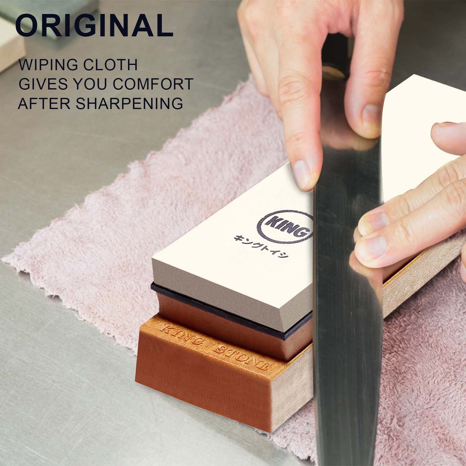 KING Whetstone Starter Set Include 1000/6000 Grit Combination Whetstone made in Japan, Knife Angle Holder, B&B Japan Original Wiping Cloth and Stable Plastic Base