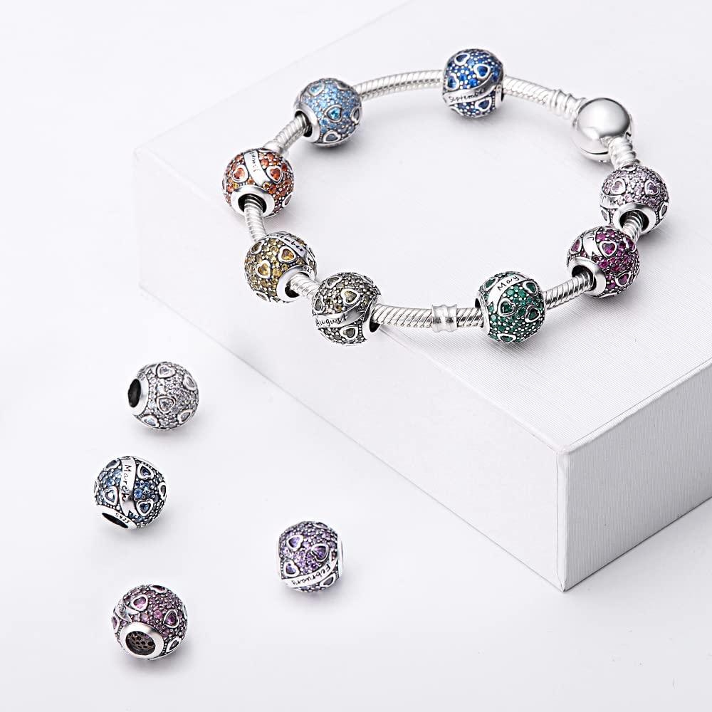 HappyStar 925 Sterling Silver Month Birthstone Charm for Bracelets Necklace,with 5A Cubic Zirconia Dangle Pendant Bead,Happy Birthday Valentine's Day