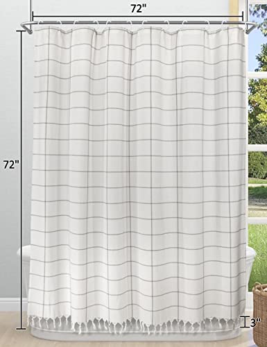SUMGAR Cotton Shower Curtain Boho Farmhouse Shower Curtains for Bathroom with Tassels & Hooks, White Fabric Grey Checkered Bohemian Fringe Shower Curtain Set, 72" x 72"