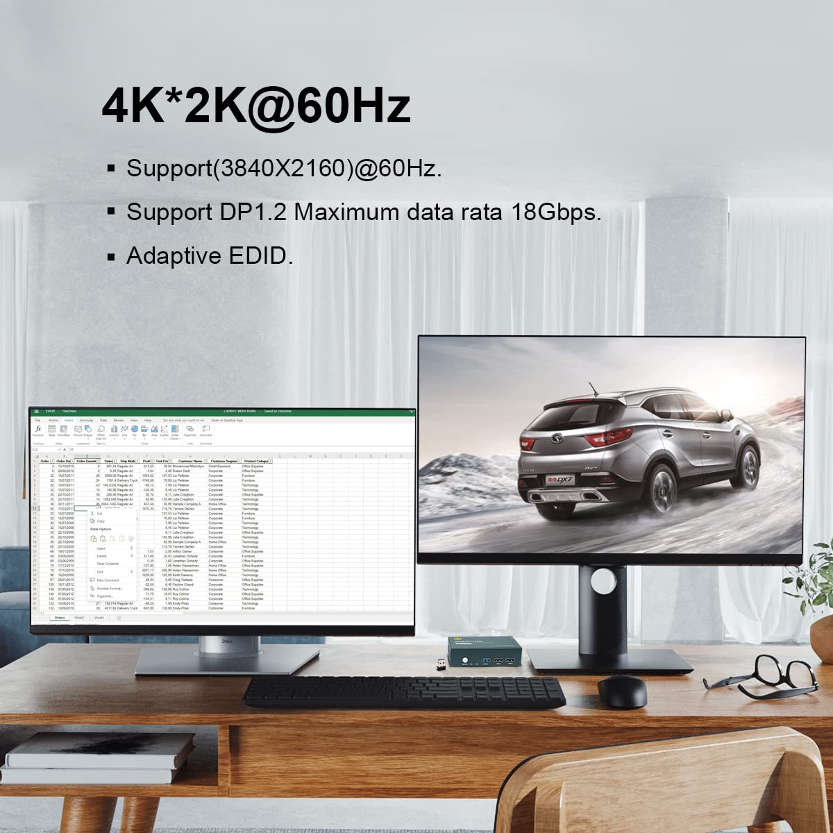 KVM Switch DP Displayport Dual Monitor Extended Display 2 Port, USB3.0, UHD 4K@60Hz YUV4:4:4 Downward Compatible,with All Needed Cables