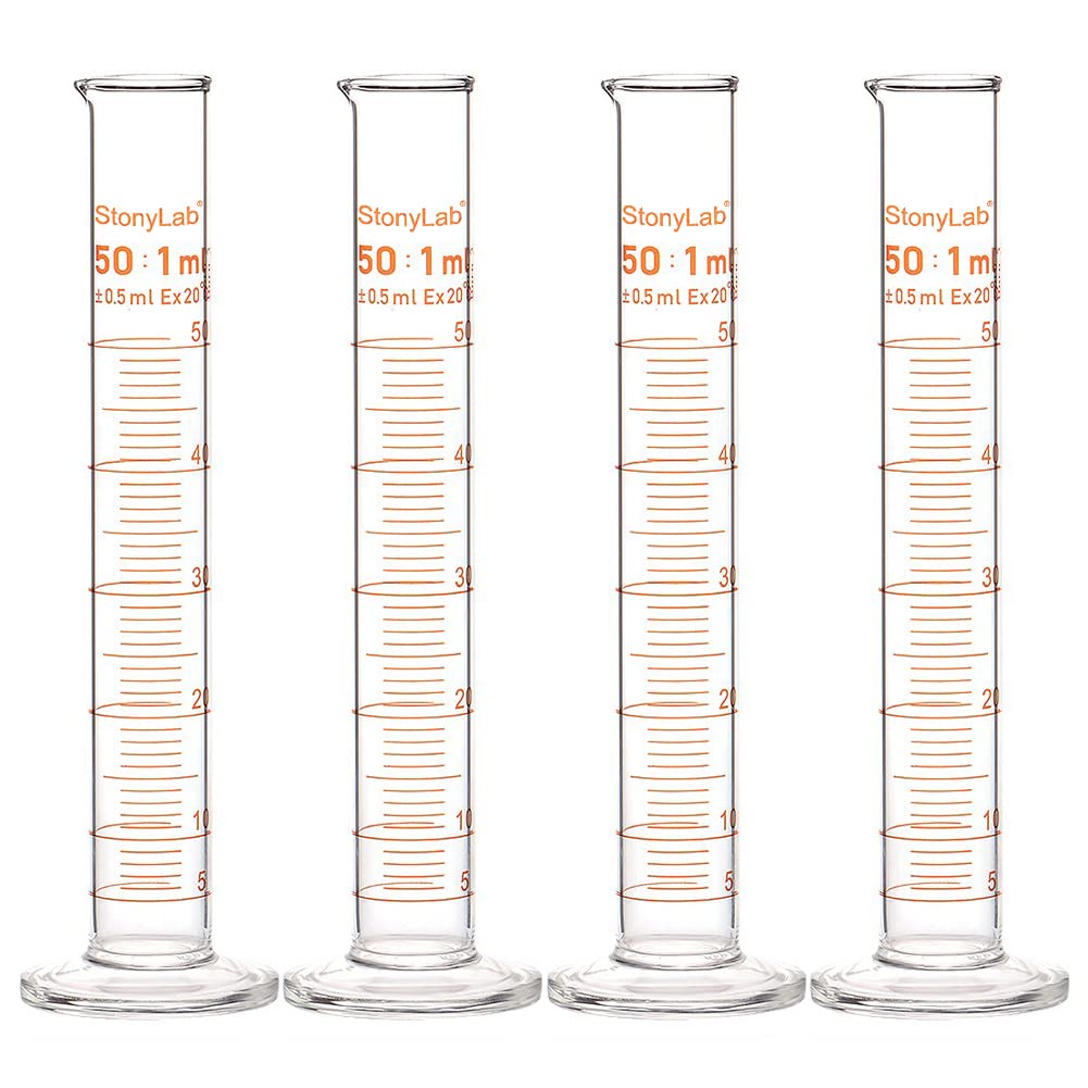 StonyLab 4-Pack Borosilicate Glass 50ml Heavy Wall Graduated Cylinder Measuring Cylinder, 50ml