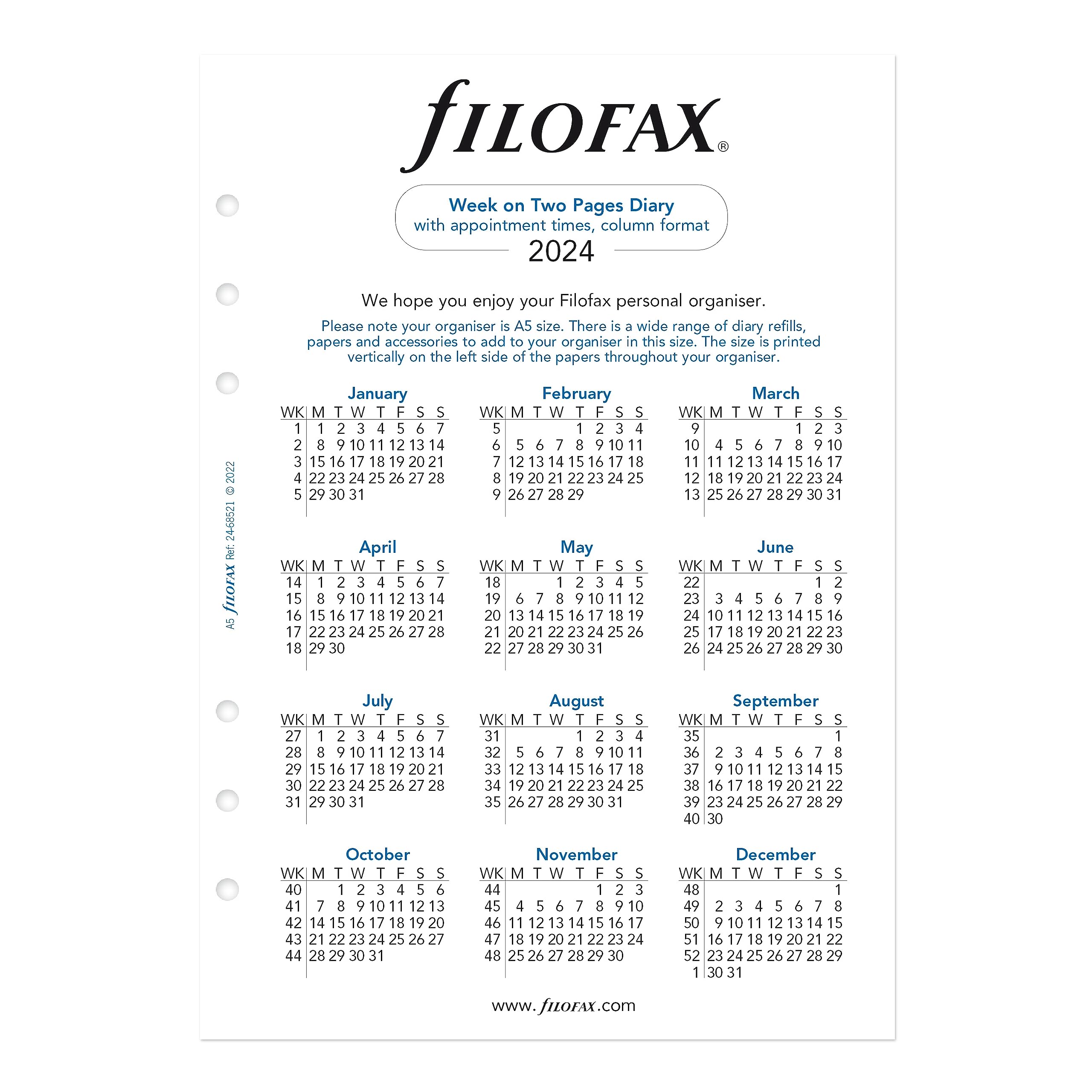 Filofax Calendar Diary Refill, A5 Size, Week-to-View with Appointments, Vertical, Multi-Fit, White Paper, English, 2024 (C68521M-24)