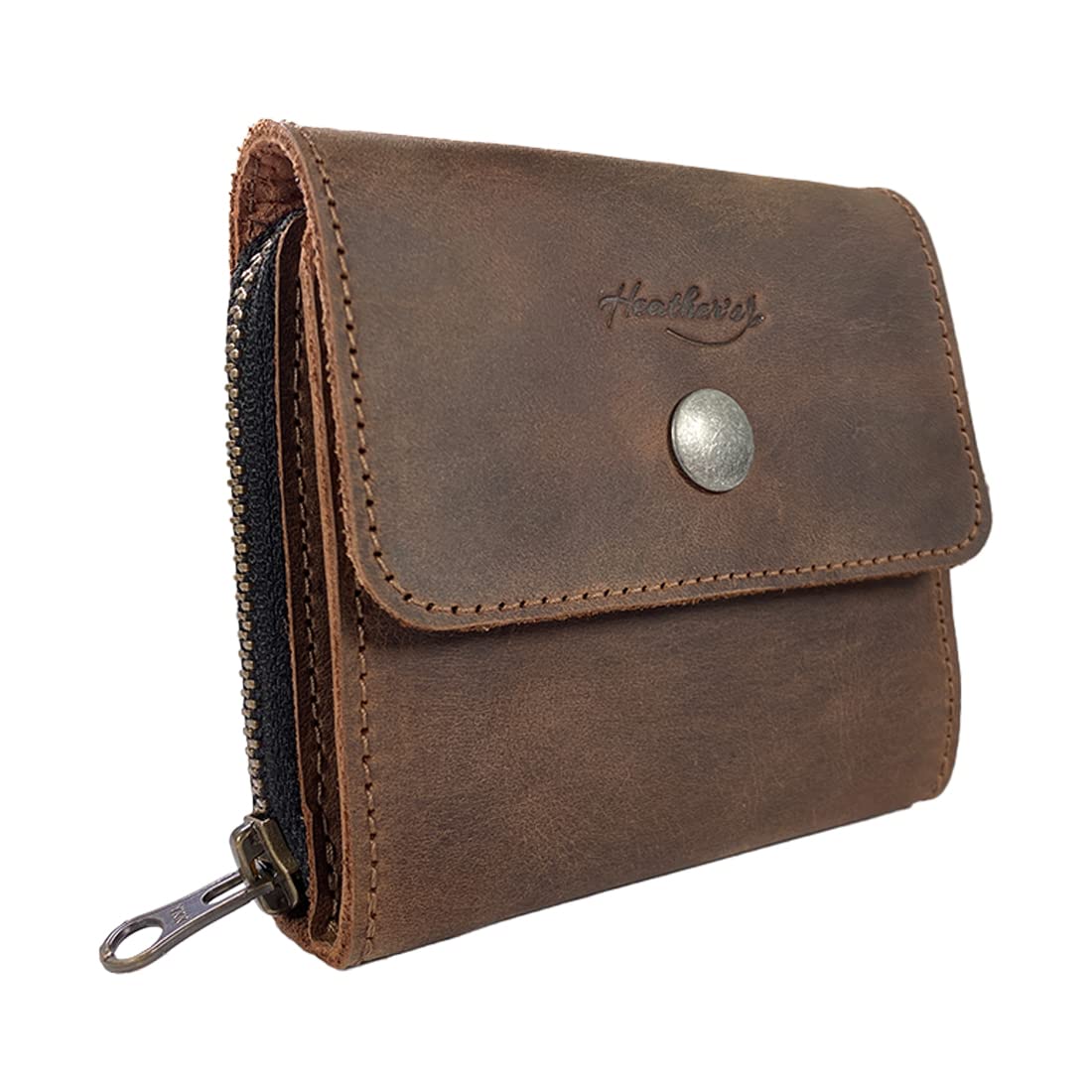 Heather's, Zippered Wallet Handmade from Full Grain Leather - Classic Organizer with Button Closure and Zipper Coin Pocket - Storage Case for ID, Credit Cards, and Cash - Bourbon Brown
