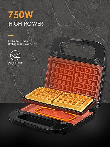 Reemix 3-in-1 Waffle, Grill & Sandwich Maker, Panini Press Grill and Waffle Iron Set with Removable Non-Stick Plates, Perfect for Cooking Grilled Cheese, Tuna Melts, Burgers, Steaks and Snacks, Black (3 in1 Sandwich Maker With Plastic Handle)