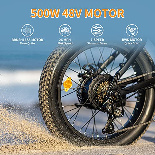 Jasion EB7 2.0 Electric Bike for Adults, 500W Motor 20MPH Max Speed, 48V 10AH Battery, 20" Fat Tire Foldable Electric Bicycle with Dual Shock Absorber, 7-Speed EBikes Black Front Rear Basket