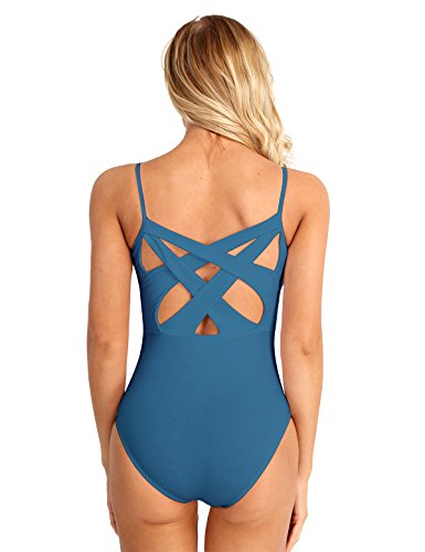 Hansber Women's Criss Cross Back Sleeveless Leotard Spaghetti Straps Ballet Dance Gymnastics Bodysuit Dancewear Blue-green Medium