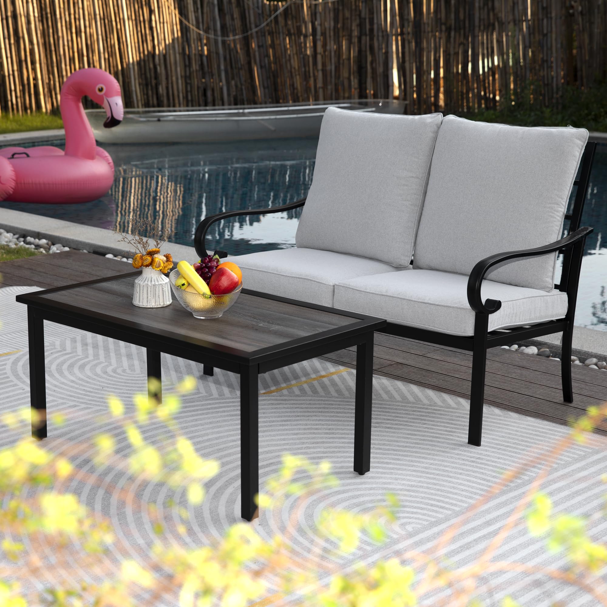 MEOOEM Patio Sofa Conversation Furniture Outdoor Loveseat with Table, Metal Frame with Gray Cushions for Porch Balcony Deck