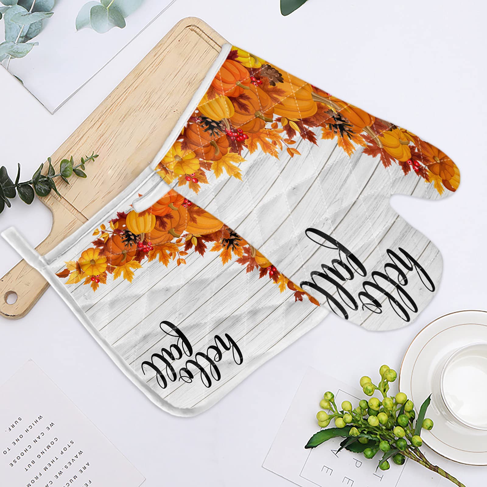 Hello Fall Oven Mitts and Pot Holder Set, Thermal Insulation Kitchen Oven Glove and Anti-Slip Potholder for Cooking, BBQ, Microwave, Grilling - Retro Farmhouse Pumpkins Leaves Wooden Grain