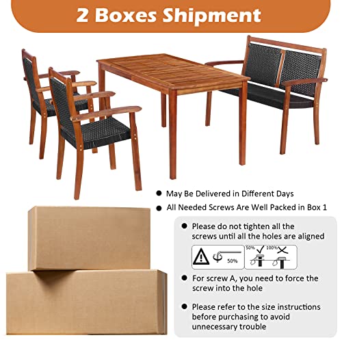 Tangkula 4 Pieces Patio Dining Set for 4, Patiojoy Space-Saving Outdoor Acacia Wood Dining Table and PE Rattan Chairs Set with 1.9β Umbrella Hole, for Garden, Backyard, Deck, Poolside, Balcony