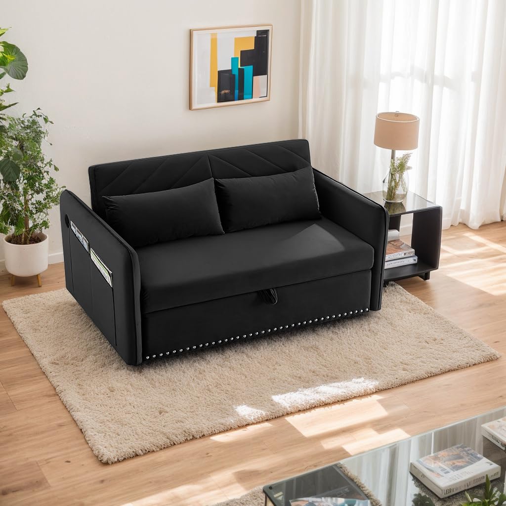 Mofolit Convertible Modern Sleeper Sofa Bed w/USB Port, 3-in-1 Adjustable Sleeper Sofa Couch w/Pull-Out Bed, Pillows & Side Pocket, Velvet for Living Room,Apartment,Small Space 55.5“(Black)