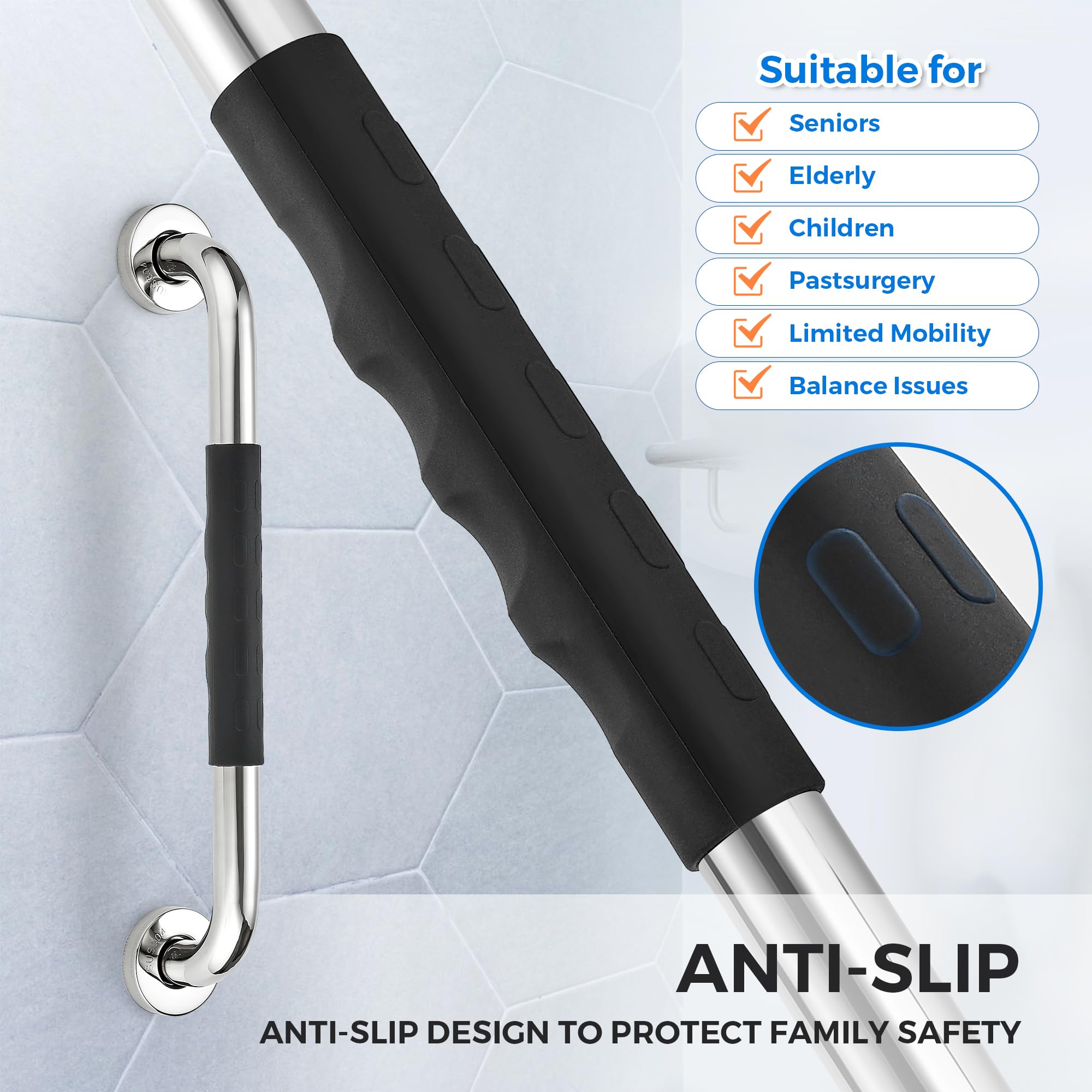 Grab Bars for Shower,2 Pack 16 Inch Anti-Slip Shower Handle with Rubber Grip, Silver Safety Shower Bar, Stainless Steel Handicap Grab Bars for Elderly for Wall (1" Diameter)