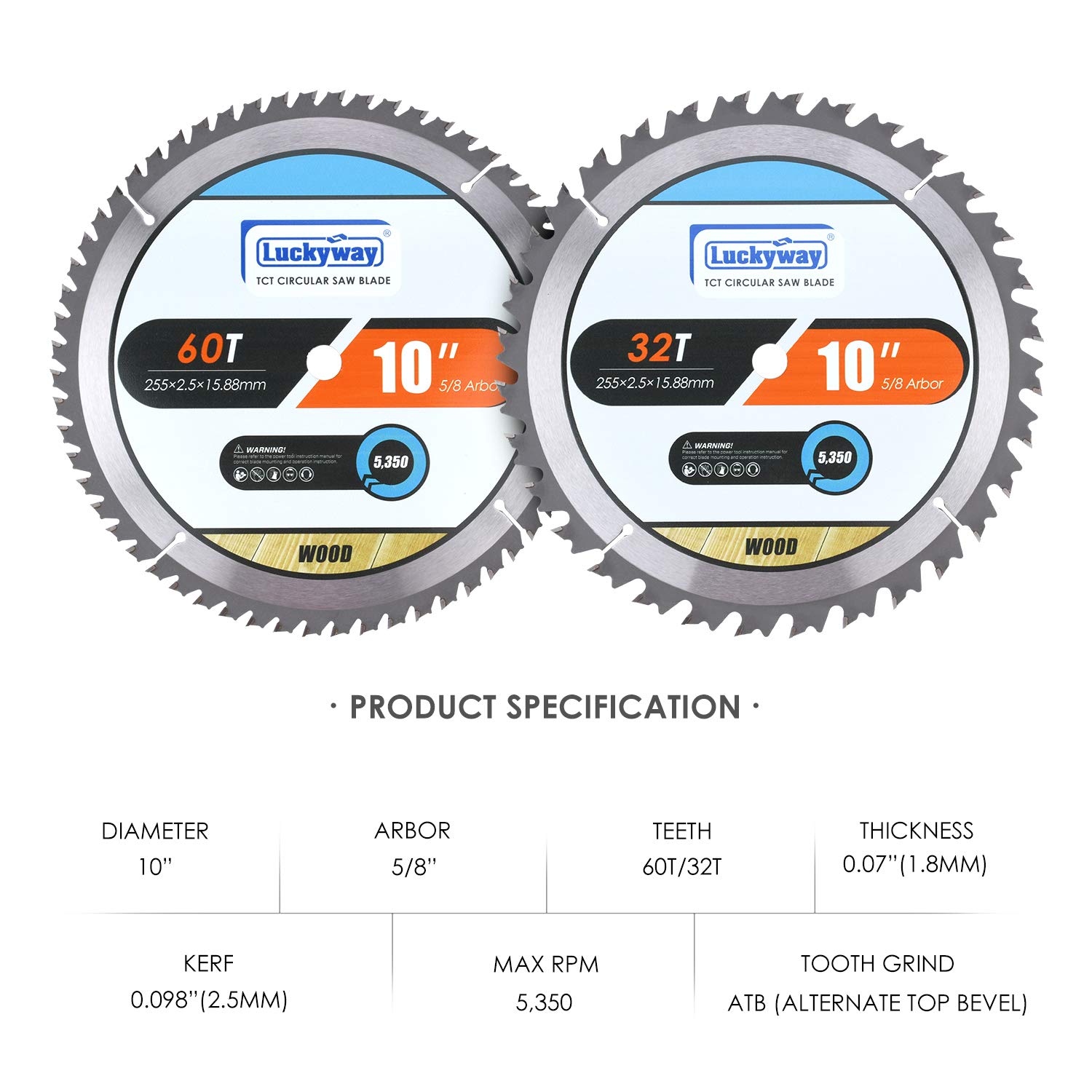 Luckyway 2-Pack 10 Inch Miter/Table Saw Blades 32T&60T with 5/8 Inch Arbor TCT Circular Saw Blade for Cutting Wood