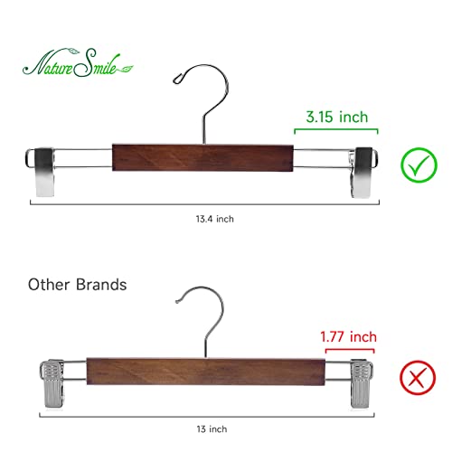 Nature Smile Solid Wooden Skirt Pants Hangers 20 Pack,Premium Wood Bottom Shorts Hangers for Slacks Trousers with Larger Adjustable Anti-Rust Clips (Retro)