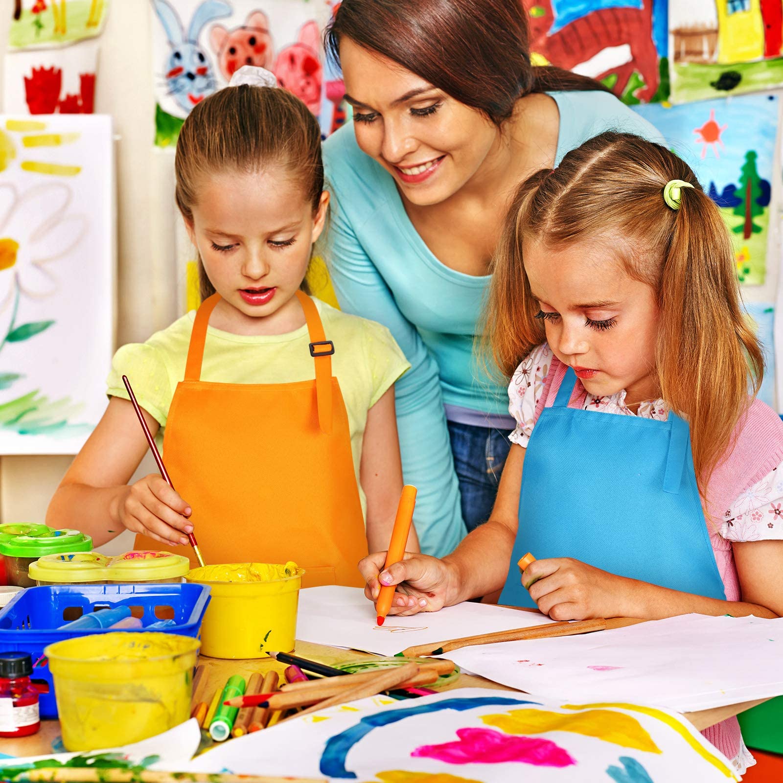 HARBOLLE 15 Pcs Kids Aprons with 2 Pockets for Boys and Girls Adjustable Kitchen Painting Aprons Bulk for Children 6-13 Multicolor