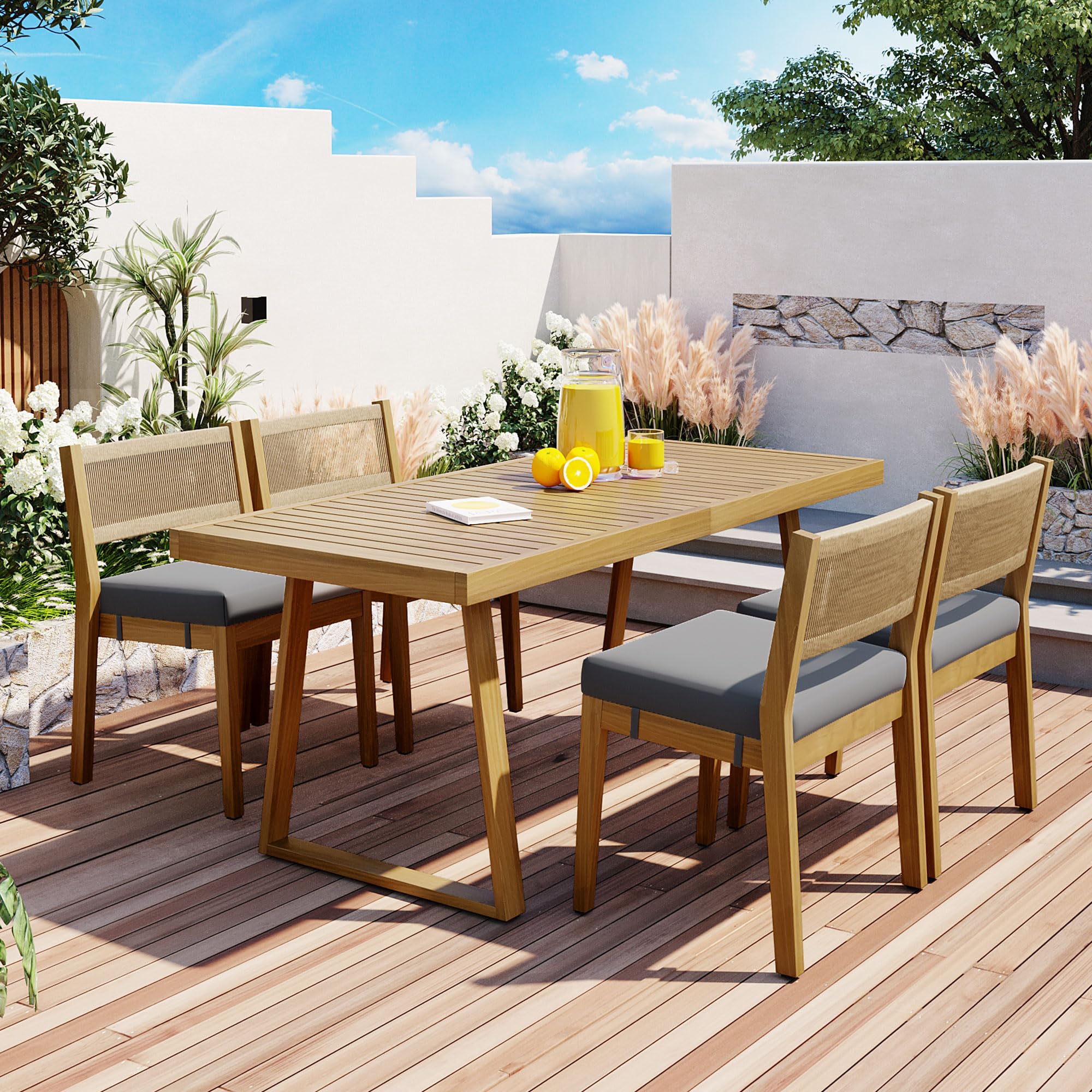 Merax Acacia Wood Outdoor Dining Set for 4,Waterproof Patio Furniture with 1 Table and 4 Chairs,and Thick Cushions for Balcony, Vourtyard, and Garden, Gray
