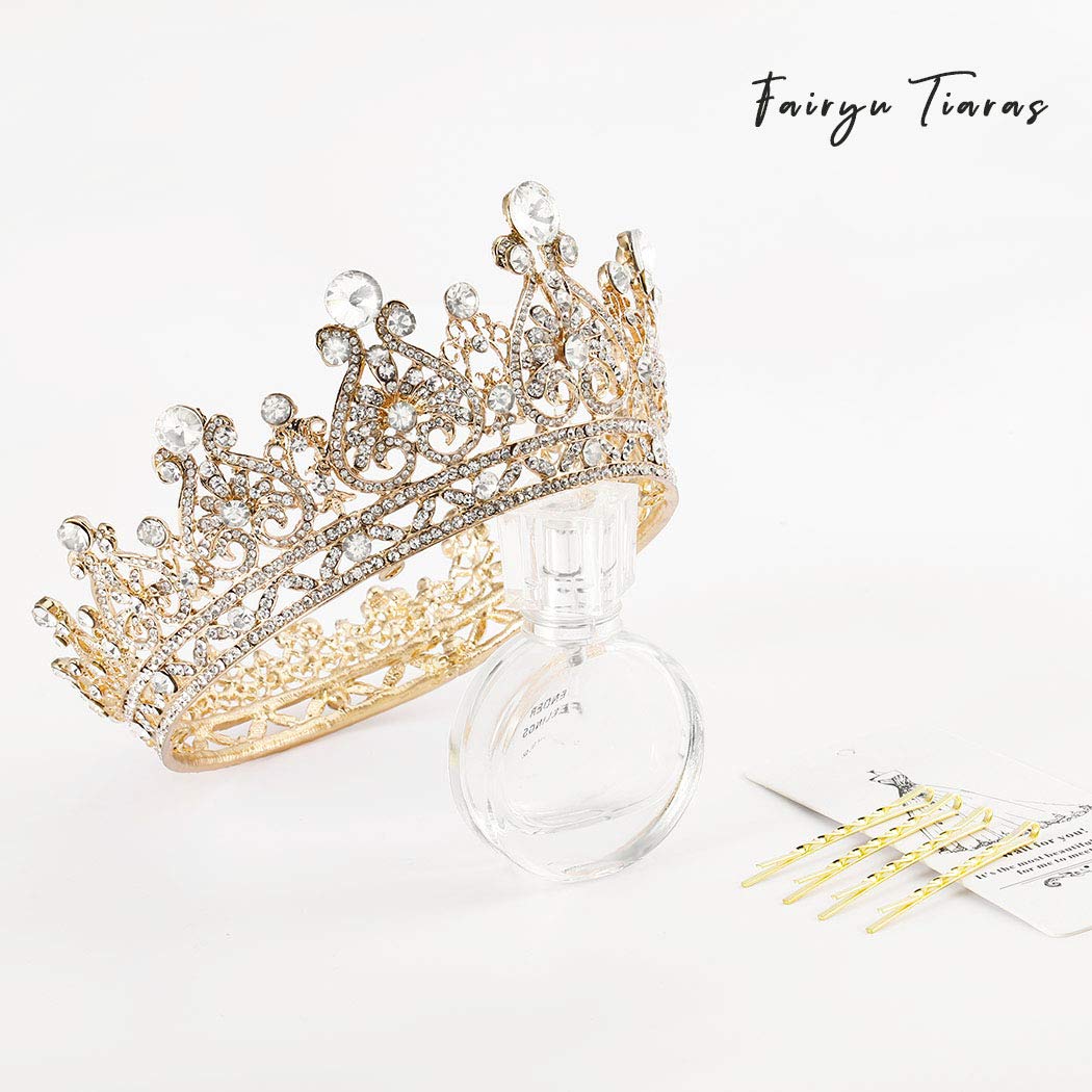 Foyte Baroque Queen Crown Gold Bride Rhinestone Wedding Crown Tiaras Crystal Hair Accessories for Women