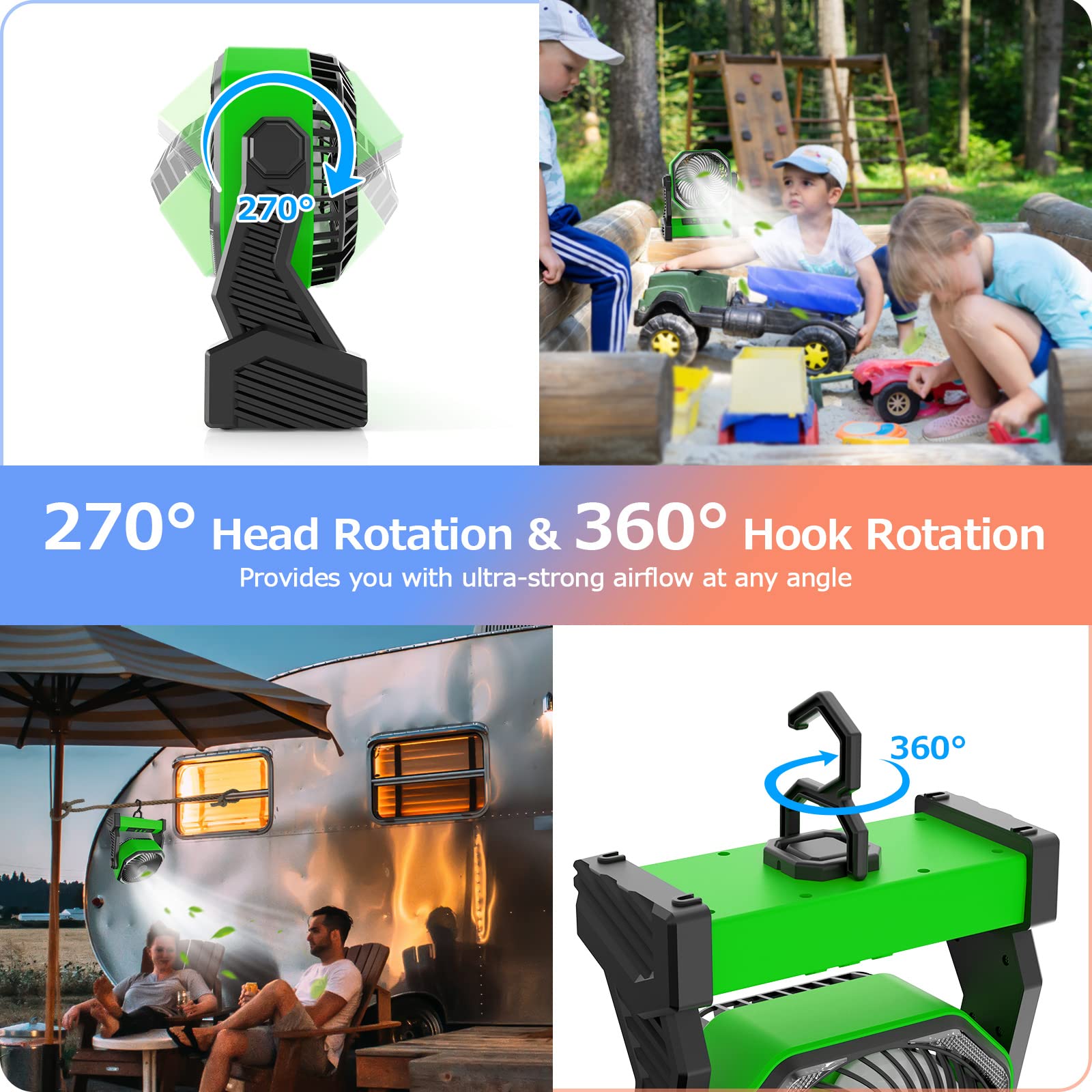 Higheed Camping Fan with LED Lantern, 20000mAh Rechargeable Battery Operated Tent Light & Hook, 270° Pivot, 4 Speeds, Personal USB Desk for Camping, Fishing, Power Outage, Barbecue, Jobsite
