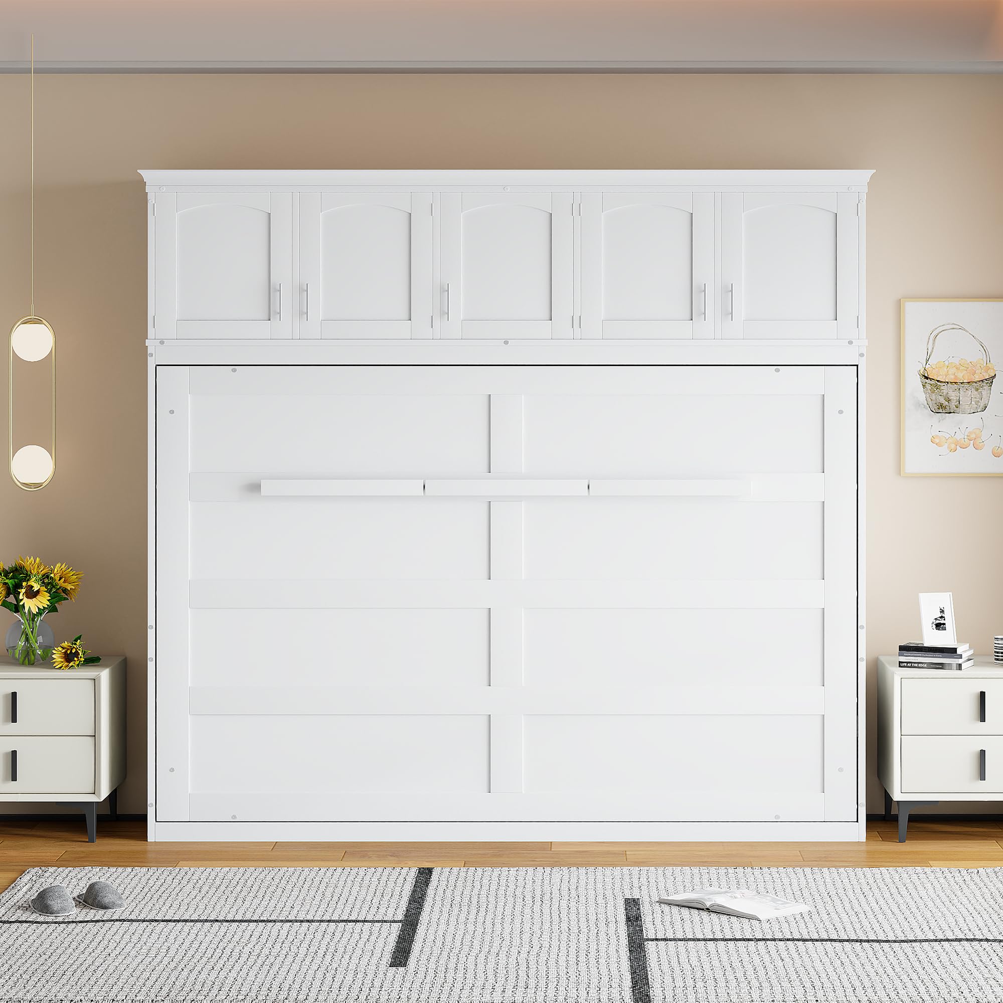 Merax Farmhouse Solid Wood Murphy Bed Chest with Top Cabinets, Storage Wall Platform Bed with Wood Slat Support/Space Saving Queen,White