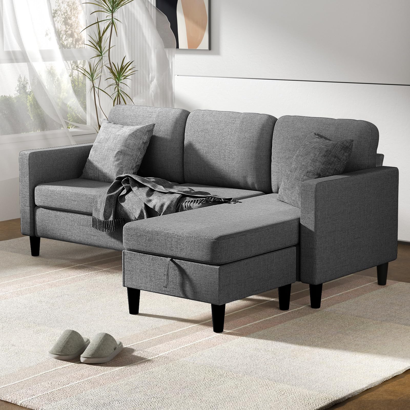 PUREMIND 76 Inches Sectional Sofa Couch, Linen Fabric L-Shaped Couch, 3-Seat Sofa with Reversible Storage Ottoman for Living Room, Apartment and Small Space (Beige)