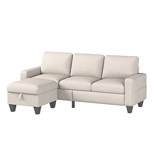 Sunrise Coast Sectional L-Shaped Sofa Modern Linen Fabric 3-Seat Couch with Convertible Storage Ottoman Beige Living Room Furniture Set for Apartment Loft Small Spaces