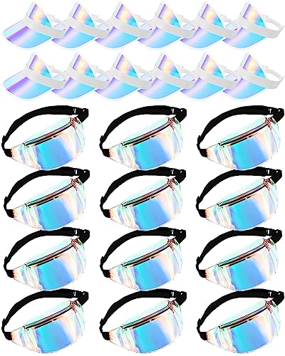 Jeyiour 24 Pcs Holographic Fanny Packs Bulk and Sun Visor Set 12 Sun Visor Hat Colored Beach Golf Cap 12 Metallic Color Fanny Packs PVC Clear Waist Bag for Women Sports Wedding Bachelorette Party Gift
