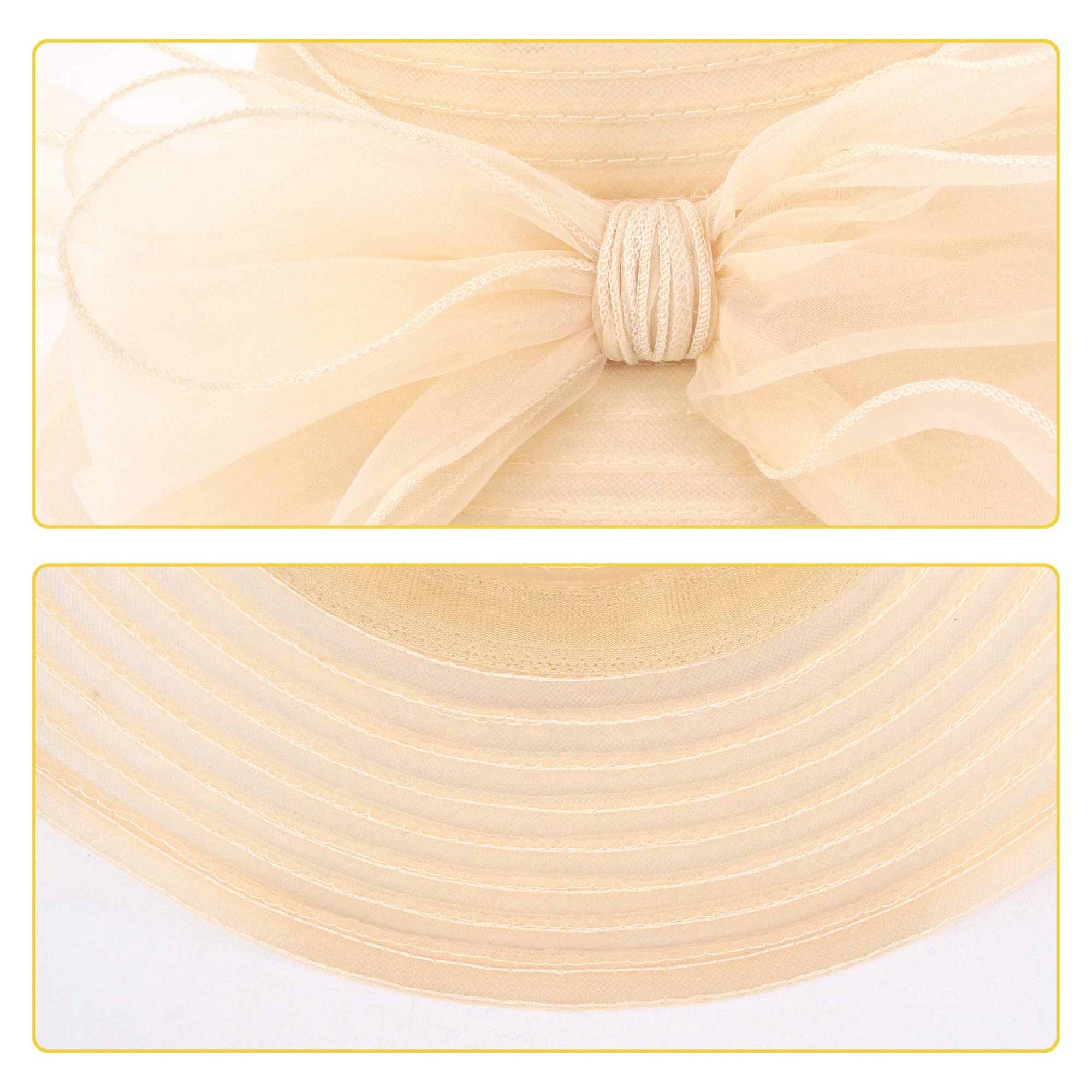 Haoohu Women's Church Derby Hat Wide Brim Bow Bucket Hat Wedding Dress Hat Fascinator Bridal Tea Party Hat Beige