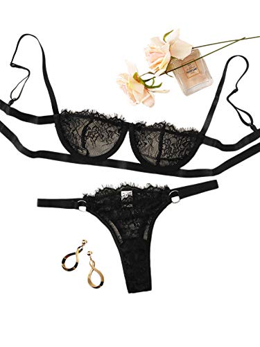 SheIn Women's 2 Piece Sexy Lace Strap Bralette Bra and Panty Lingerie Set Push Up Black Small
