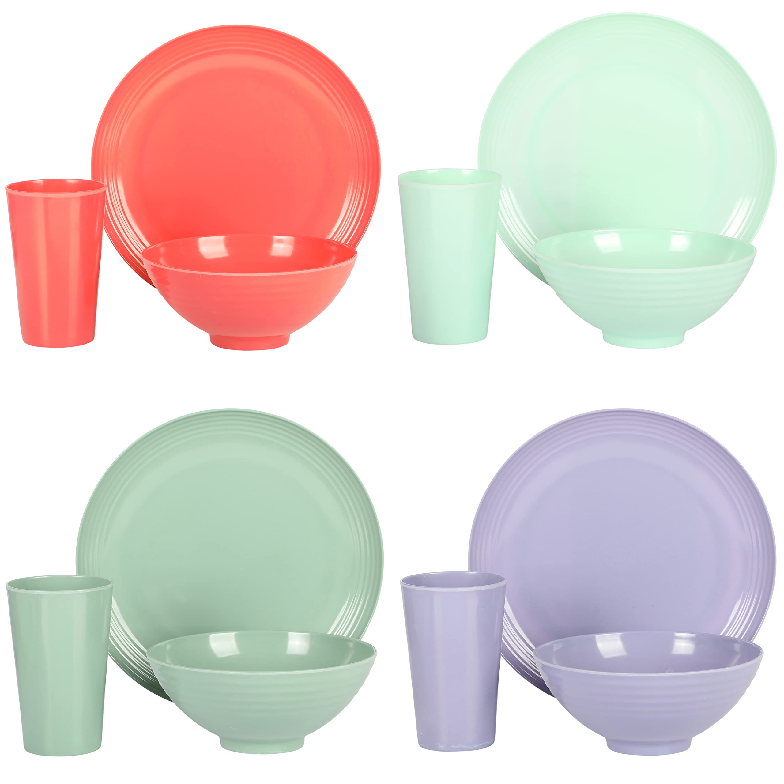 Gibson Home Zelly 12 Piece Embossed Coupe Melamine Dinnerware Set - Orange, Green, Teal, Purple, Service for Four (12pcs)