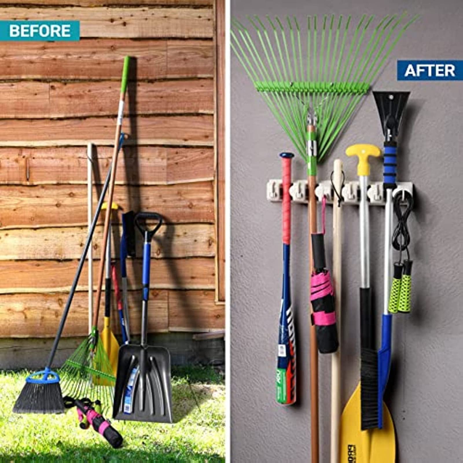 Mop and Broom Holder Wall Mount Garden Tool Organizer,Broom Holder Wall Mount, Broom Holder 5 Racks 6 Hook, Broom Rack Storage Solutions, Storage System Broom Organizer.