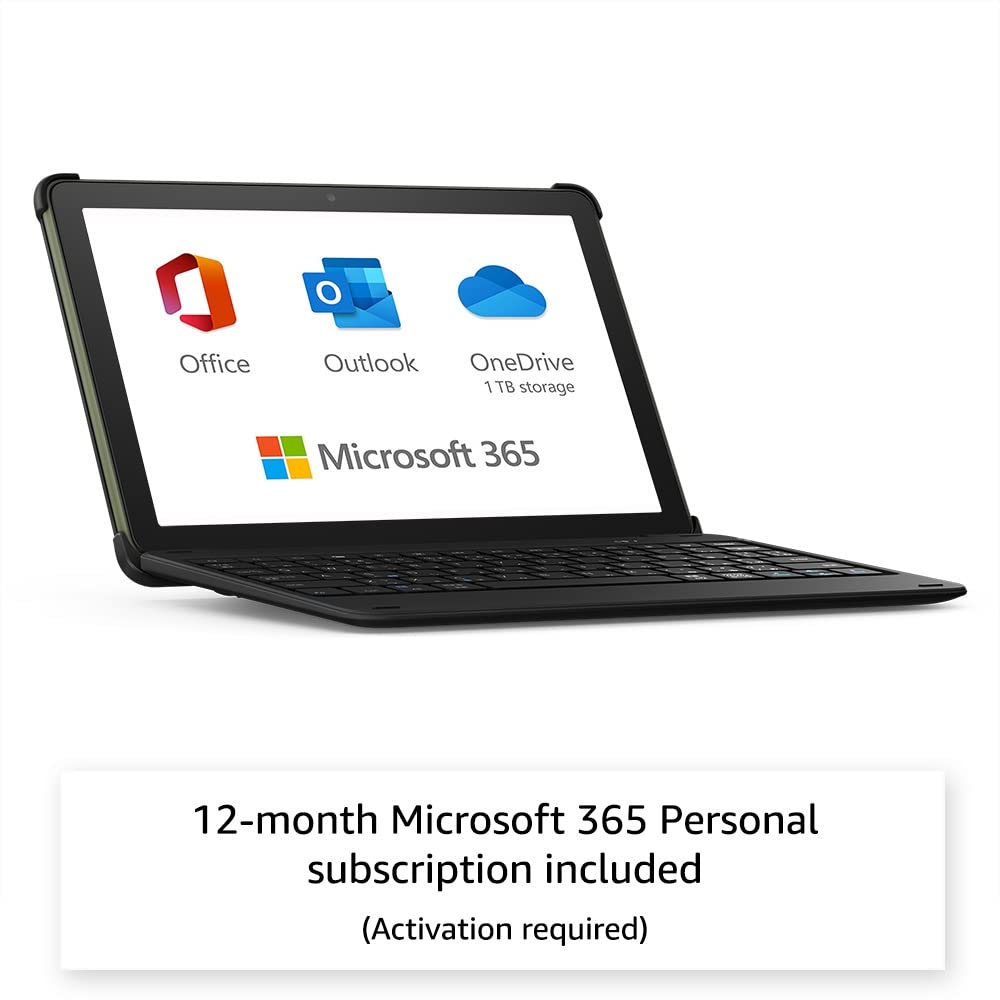 Fire HD 10 tablet, 64 GB, Olive + Bluetooth keyboard + 12-month Microsoft 365 Personal subscription for up to 5 compatible devices (auto-renews)