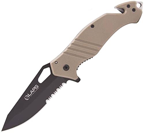 LA Police Gear Rescue EDC Folding Knife, Tactical Flipper Pocket Knife, Survival Knife With Seatbelt Cutter & Glass Breaker - Black Serrated Drop Point Blade/Tan Handle