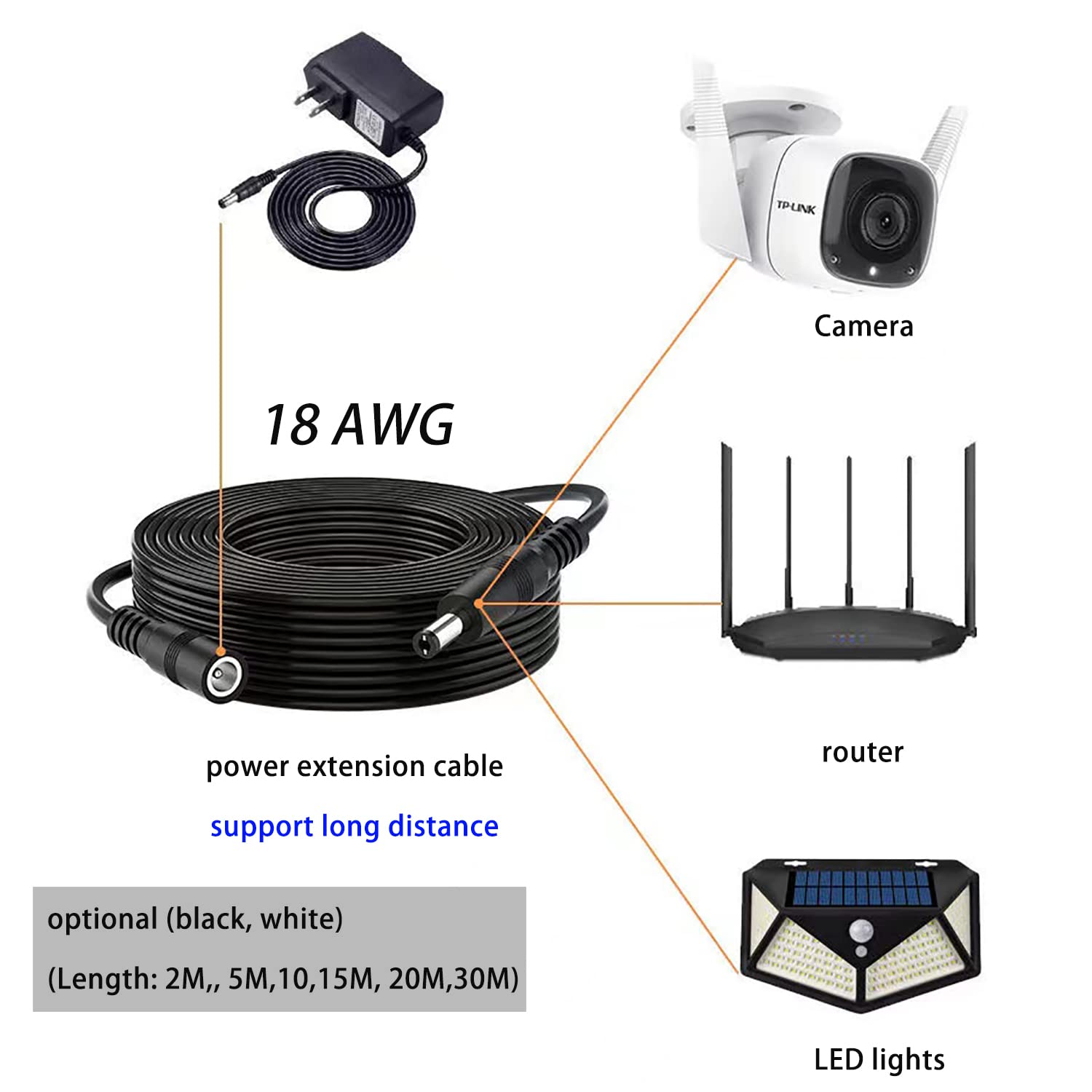 GWFIBER AWG 18 dc Power Extension Cable 6ft (2M) 5.5mmx2.5mm 5V 12V 24V Power Supply Adapter CCTV Security Wireless IP Camera Dvr Standalone LED Strip,Car Male to Female Plug Cable Black 2M
