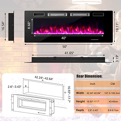 GOFLAME 50 Inch Electric Fireplace, Recessed & Wall-Mounted Fireplace Heater with Touch Panel, APP Control, Remote Control, 12H Timer, Adjustable Flame Color and Brightness, Overheat Protection