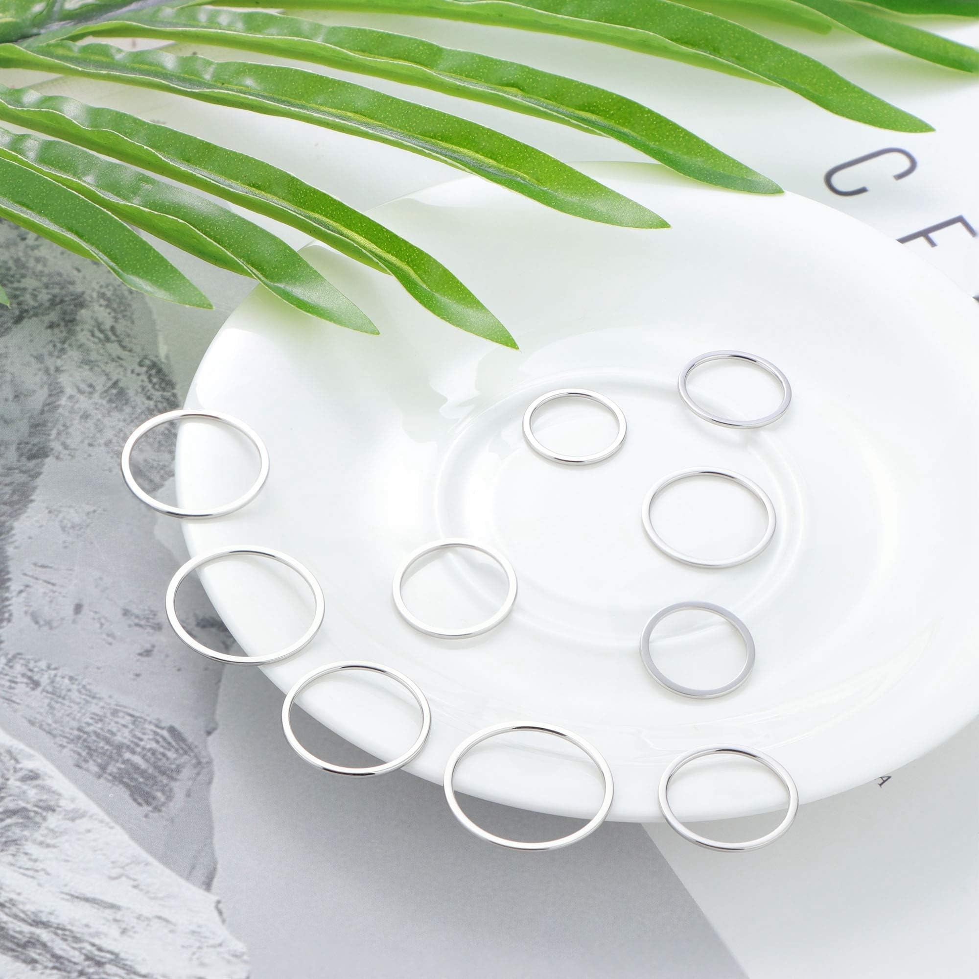FINREZIO 10PCS Women's 1MM Stainless Steel Plain Band Knuckle Stacking Rings Fashion Thin Midi Rings Comfort Fit Size 2-11 Silver Tone