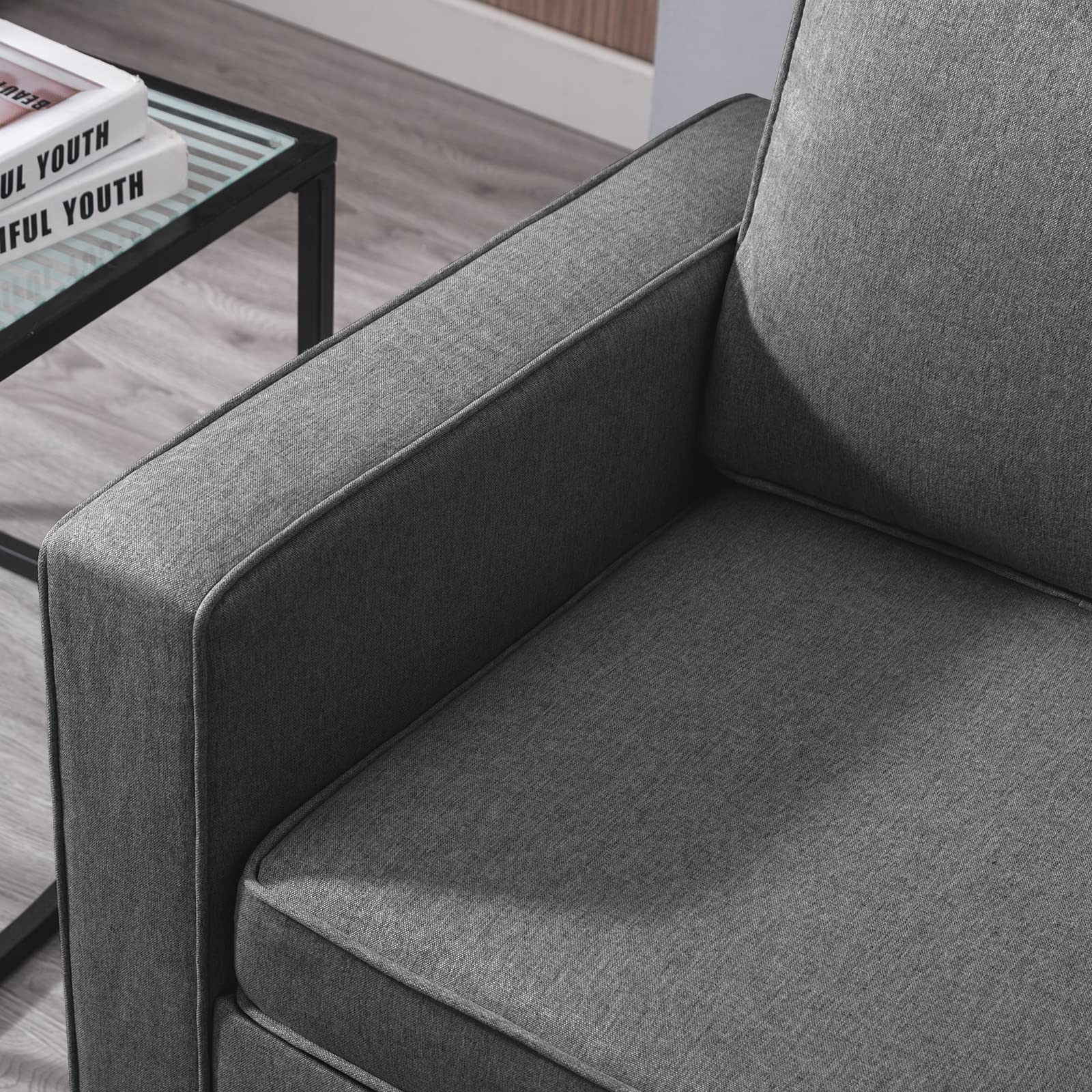 PUREMIND Loveseat Sofa, 54 inch Linen Fabric Small Couch, Modern Upholstered Love Seat Mini Couch with Armrest Pockets, 2 Seater Small Sofa for Small Spaces, Bedroom, Living Room, Office (Dark Gray)