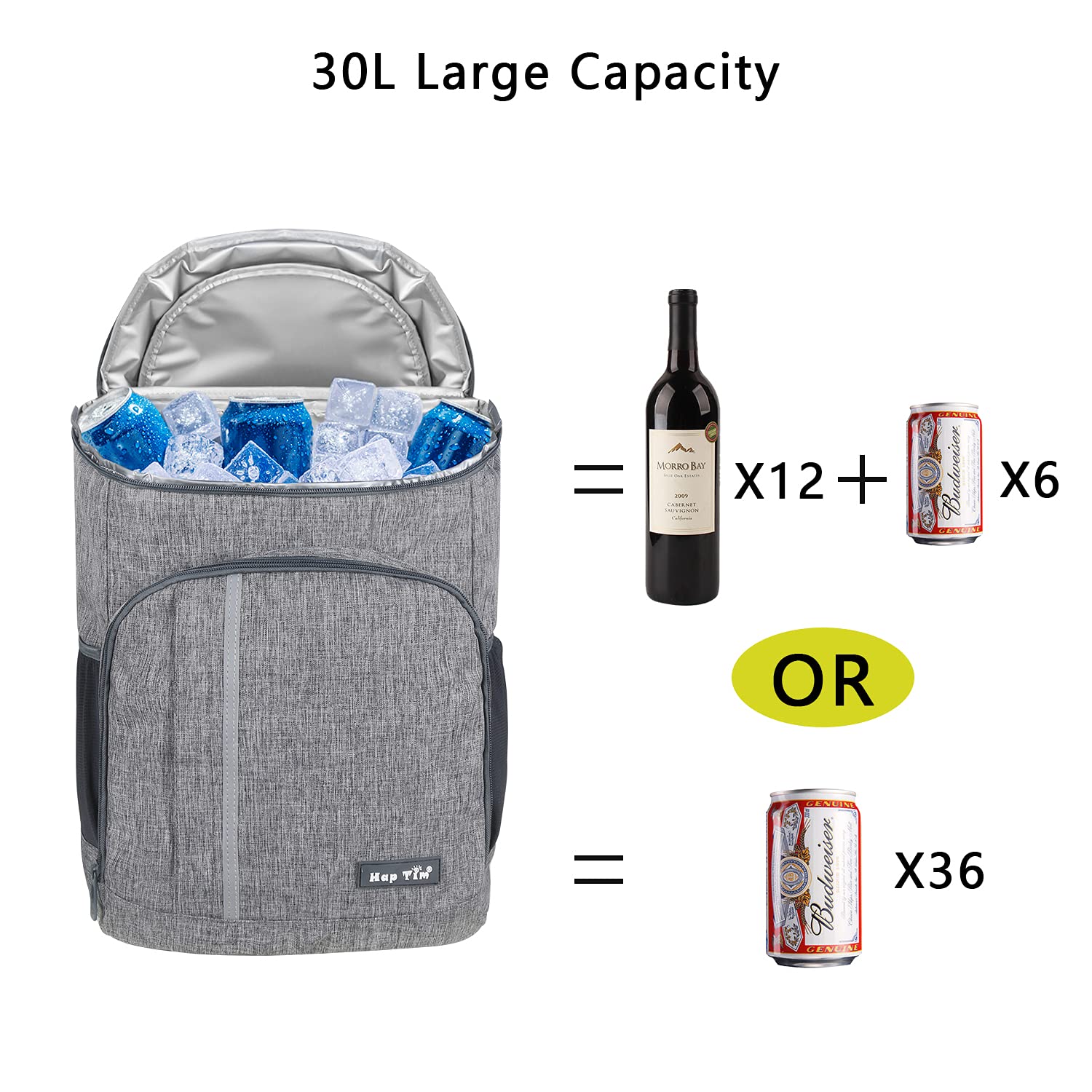 Hap Tim Backpack Cooler Insulated Waterproof Picnic Backpack 30 Can Soft Sided Grey for Beach,Camping,Hiking,Lunch(1002-G)