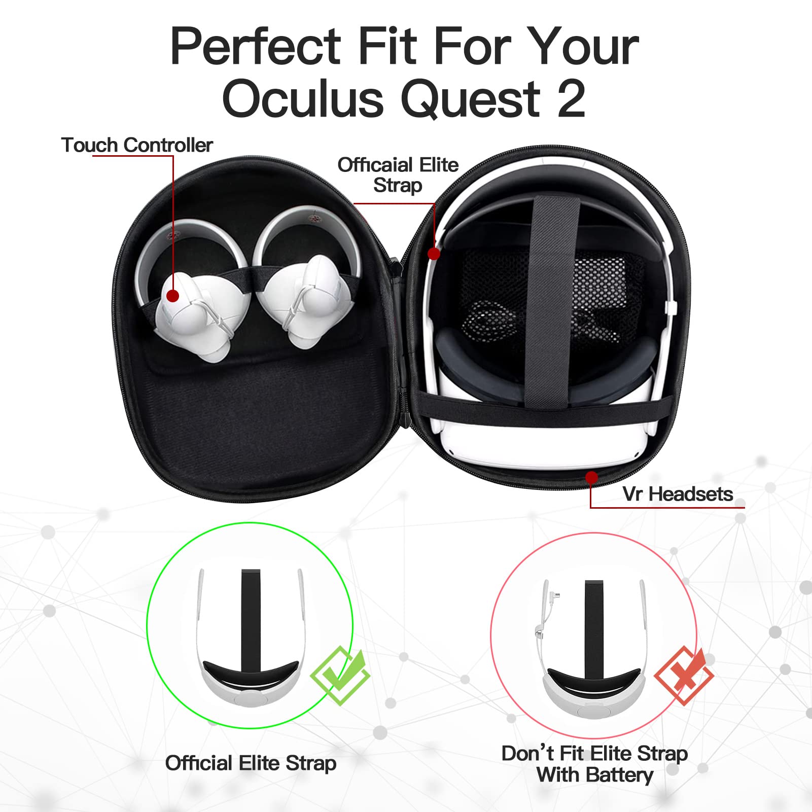 Hard Carrying Case Compatible with Meta/Oculus Quest 2 Officaial Elite Strap, Lightweight Portable Protection Bag with Silicone Face Cover & Lens Protector Accessories, for Travel and Storage