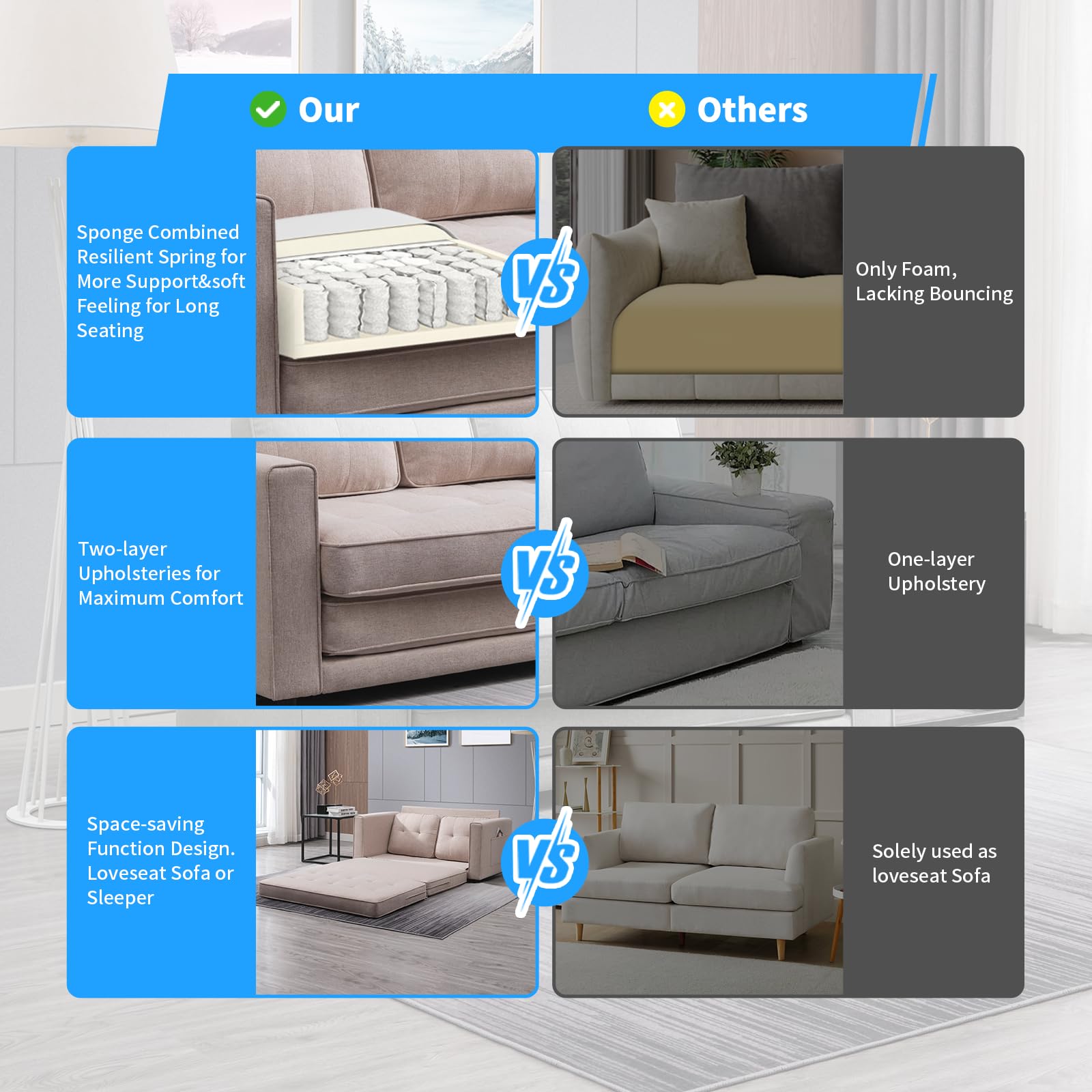 PUREMIND Loveseat Sleeper Sofa Bed, Linen 2-in-1 Pull Out Couch Bed, Upholstery Futon Sofa Bed with Cushion, Convertible Floor Couch with Side Pockets for Living Room, Apartment, Office
