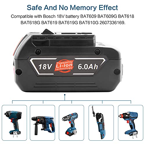 Labtec 2 Packs BAT609 18V 6000mAh Lithium Battery Replacement for Bosch 18V Battery BAT609 BAT610G BAT618G BAT619 BAT621 BAT620 Cordless Power Tool Battery