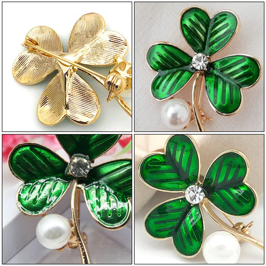 Generic Green Four Leaf Clover Pin St Patricks Day Shamrock Brooch Pin Pearl Enamel Brooch Breastpin Irish Jewelry for Party Accessory