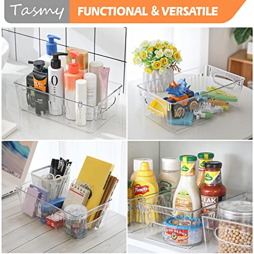 Tasmy Clear Plastic Pantry Organization and Food Storage Bin, Stackable Storage Box with Handle for Refrigerator, Kitchen, Countertops, Cupboard and Freezer Organization, BPA Free, Medium - Set of 6