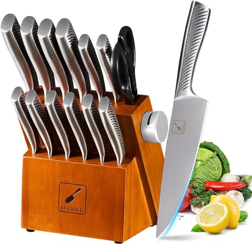 imarku Knife Set,14-Piece Knife Sets for kitchen with block,Premium One-Piece Kitchen Knife Set with Sharpener,High Carbon Stainless Steel Knives Set for Kitchen,Silver,Dishwasher Safe