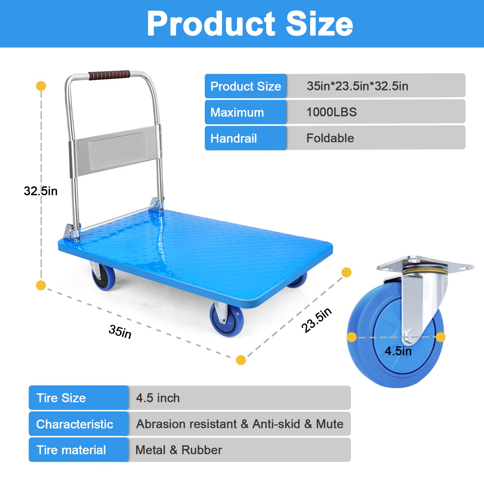 Heavy Duty Platform Truck Folding Flatbed Dolly with 330lb Weight Capacity and 360 Degree Swivel Wheels, for Loading and Moving,Silver (Blue)